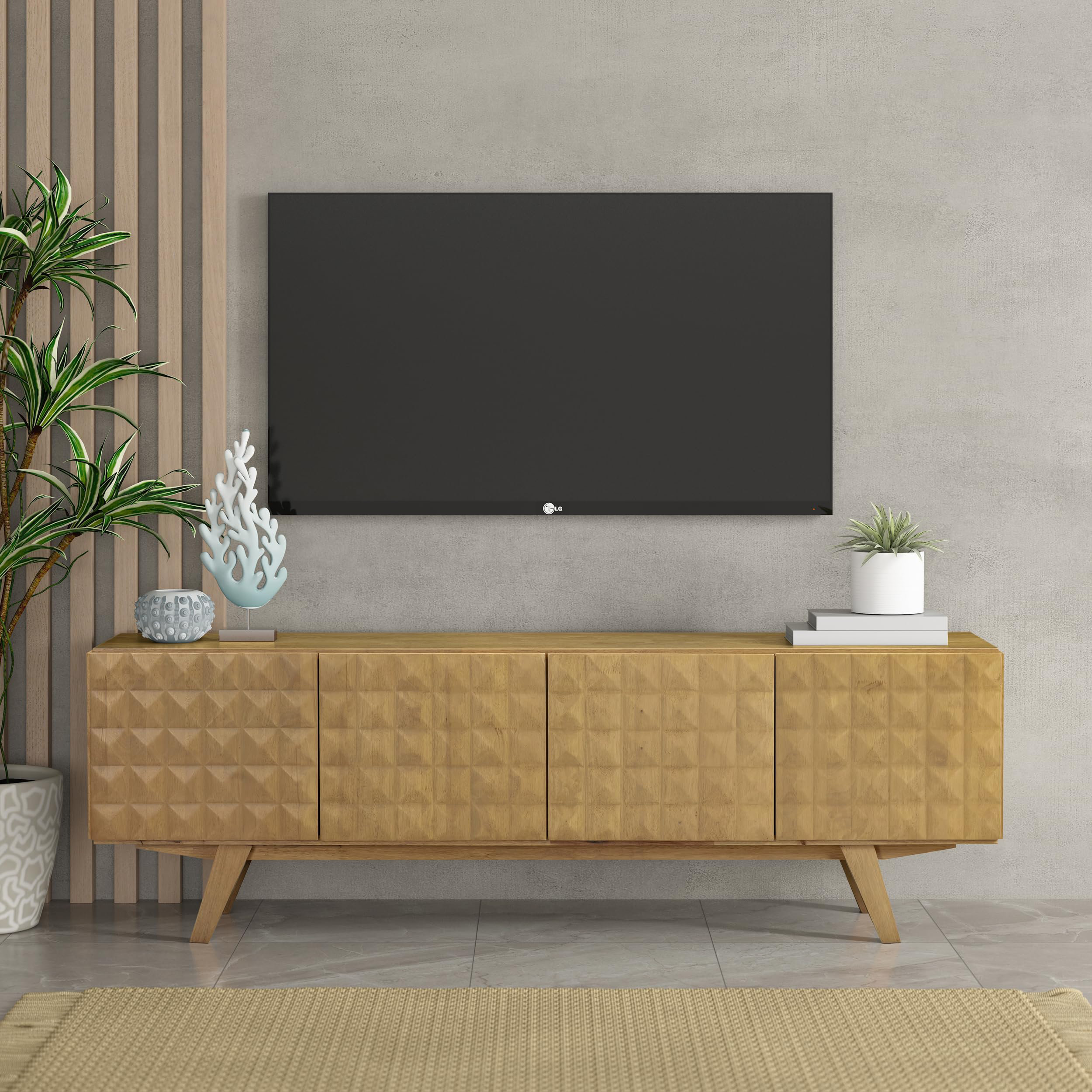 NTC Sapa Mid-Century Modern Solid Wood TV Stand 4-Door Media Console with Carved Geometric ...